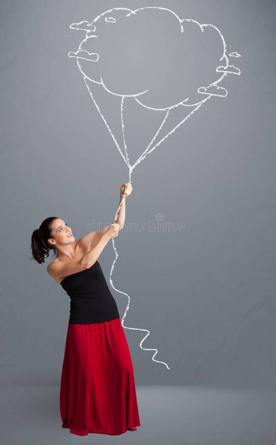Pretty Lady Holding a Cloud Balloon Drawing Stock Photo - Image of ...
