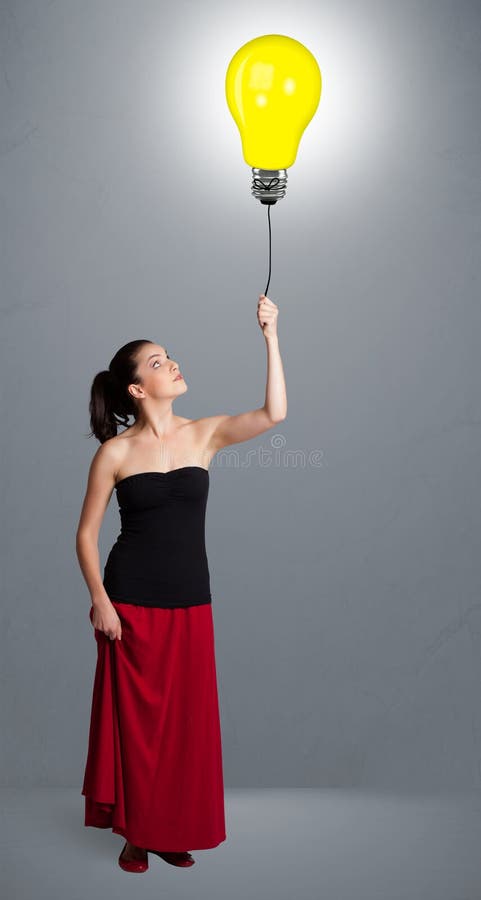 Pretty Lady Holding a Light Bulb Balloon Stock Image - Image of ...