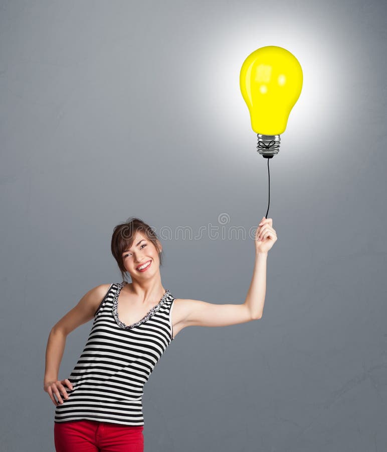 Pretty Lady Holding a Light Bulb Balloon Stock Image - Image of ...