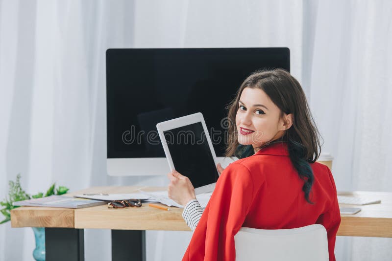 Pretty Lady Holding Tablet by Working Table Stock Image - Image of ...