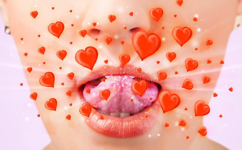 Pretty Lady Lips with Lovely Red Hearts Stock Image - Image of kiss ...