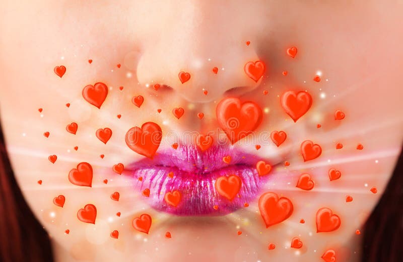 Pretty Lady Lips with Lovely Red Hearts Stock Image - Image of face ...