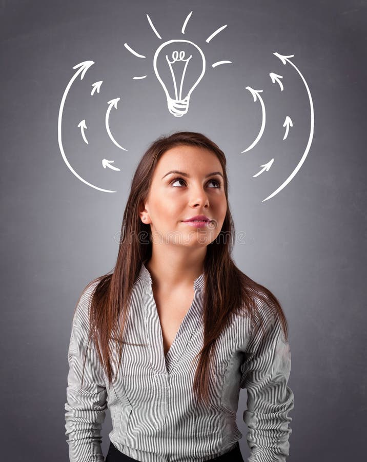 Pretty Lady Thinking with Arrows and Light Bulb Overhead Stock Photo ...