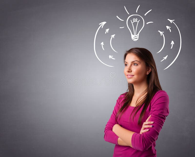 Pretty Lady Thinking with Arrows and Light Bulb Overhead Stock Image ...
