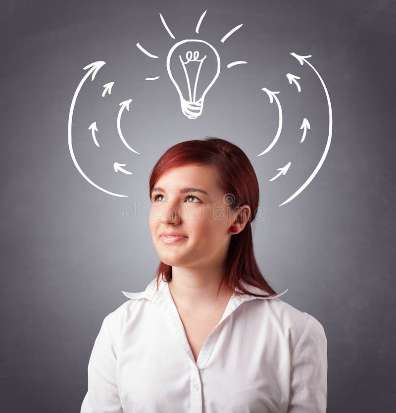 Pretty Lady Thinking with Arrows and Light Bulb Overhead Stock ...