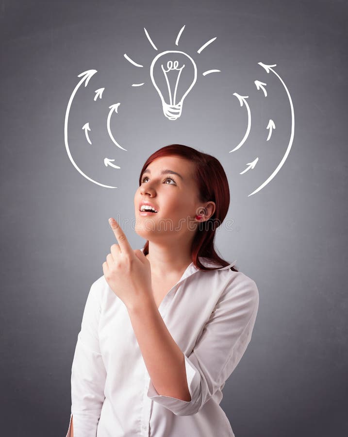 Pretty Lady Thinking with Arrows and Light Bulb Overhead Stock Image ...