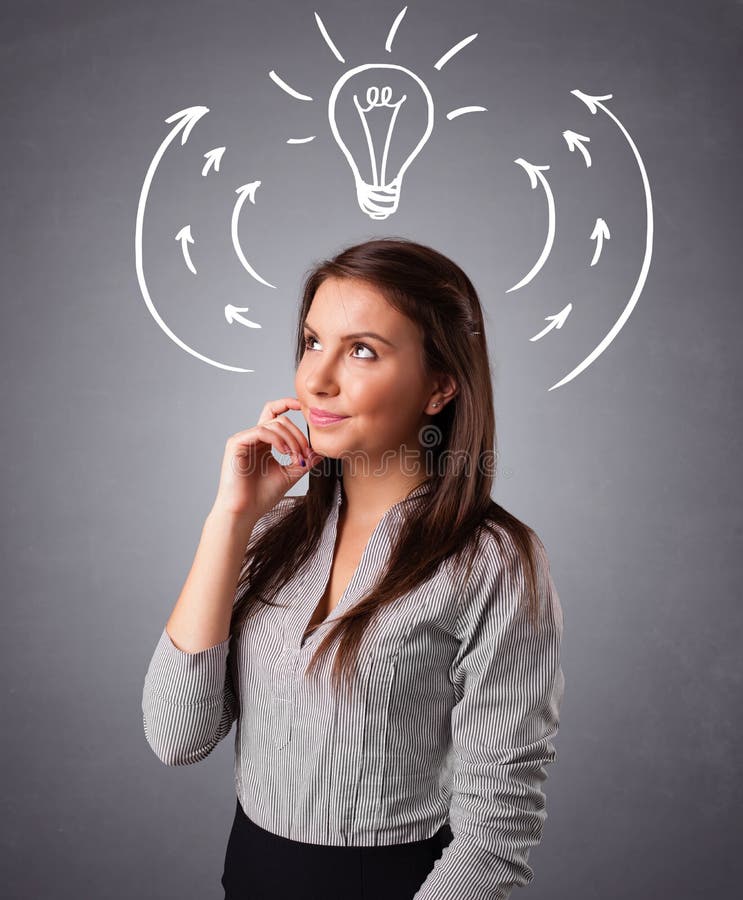 Pretty Lady Thinking with Arrows and Light Bulb Overhead Stock Photo ...