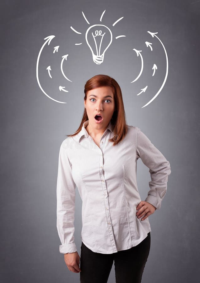 Pretty Lady Thinking with Arrows and Light Bulb Overhead Stock Photo ...