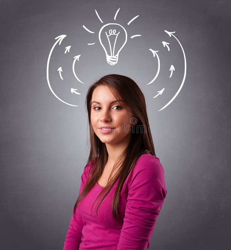 Pretty Lady Thinking with Arrows and Light Bulb Overhead Stock Photo ...