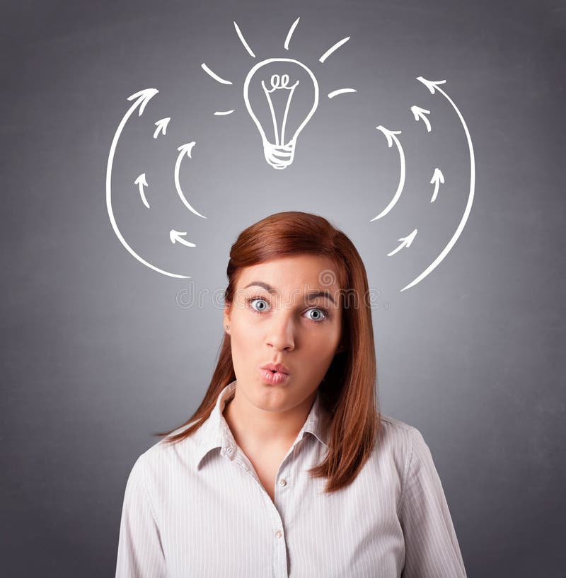 Pretty Lady Thinking with Arrows and Light Bulb Overhead Stock Image ...