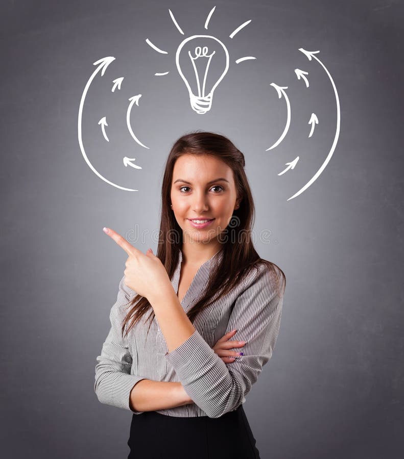 Pretty Lady Thinking with Arrows and Light Bulb Overhead Stock Image ...