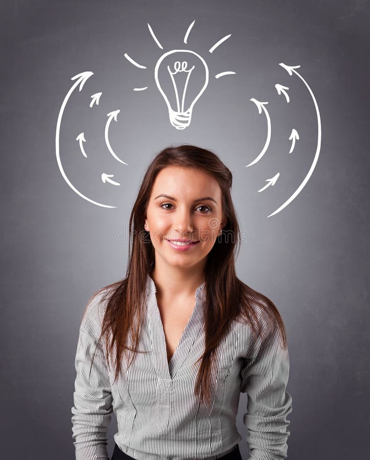 Pretty Lady Thinking with Arrows and Light Bulb Overhead Stock Image ...