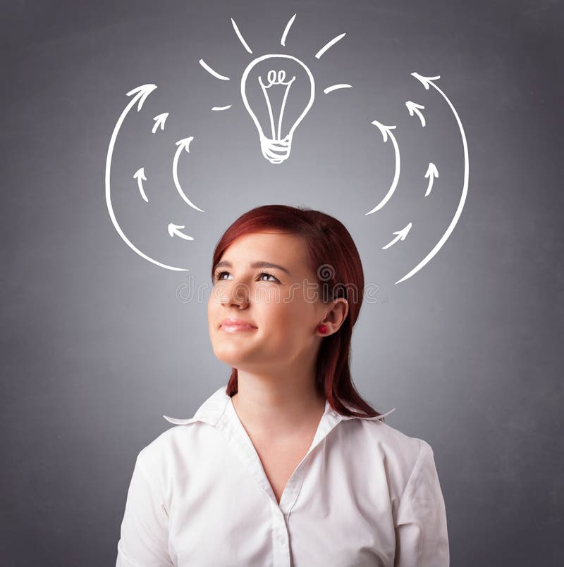 Pretty Lady Thinking with Arrows and Light Bulb Overhead Stock Photo ...