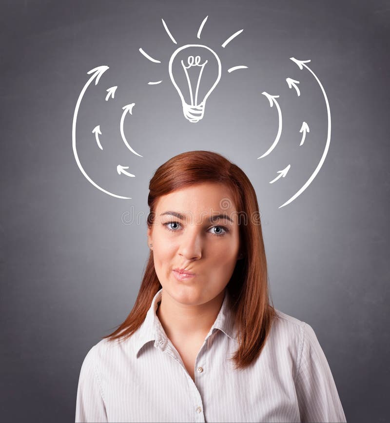 Pretty Lady Thinking with Arrows and Light Bulb Overhead Stock Image ...