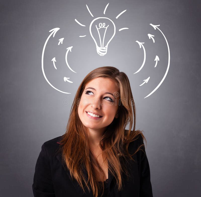 Pretty Lady Thinking with Arrows and Light Bulb Overhead Stock Image ...