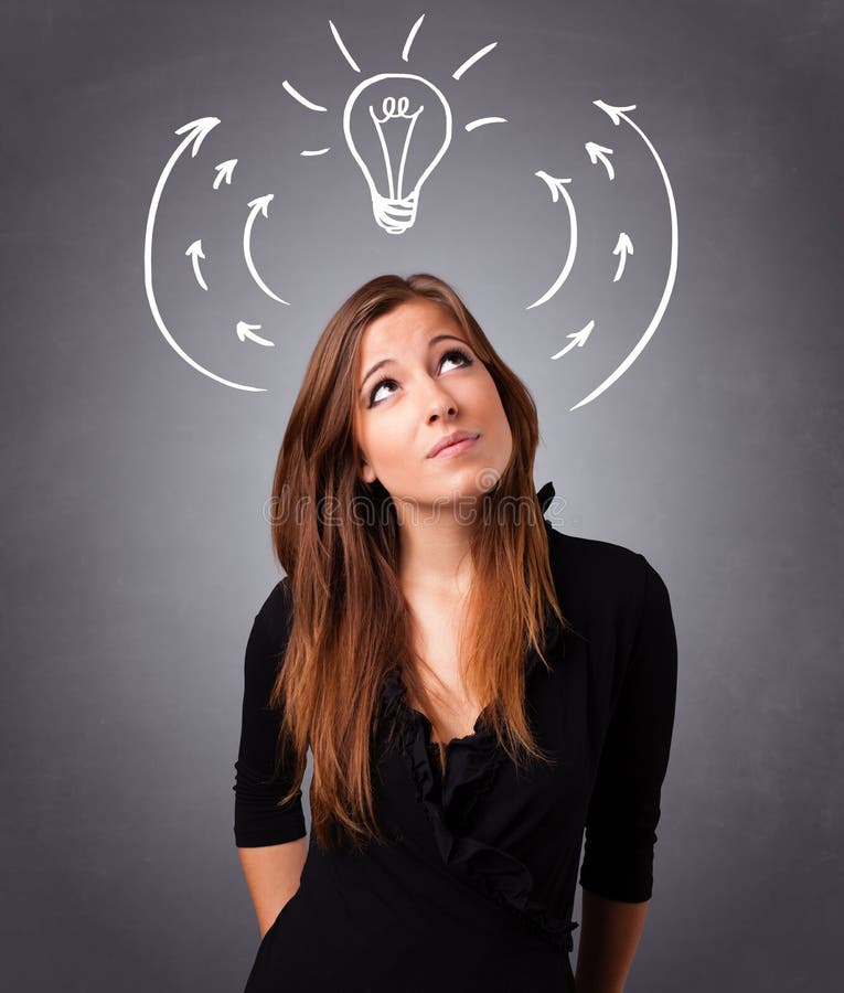 Pretty Lady Thinking with Arrows and Light Bulb Overhead Stock Image ...