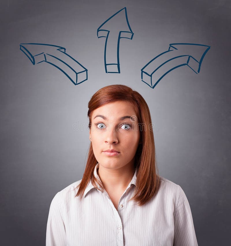 Pretty Lady Thinking with Arrows Overhead Stock Photo - Image of happy ...