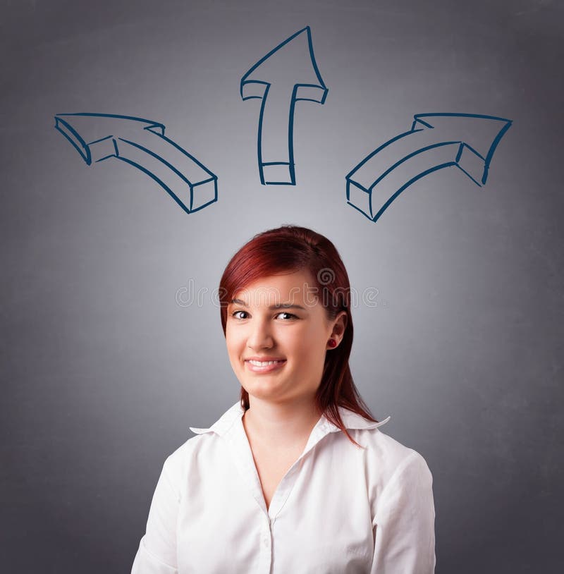 Pretty Lady Thinking with Arrows Overhead Stock Photo - Image of cute ...