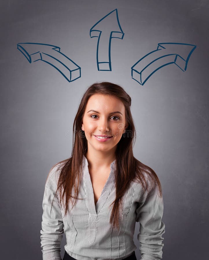 Pretty Lady Thinking with Arrows Overhead Stock Image - Image of look ...