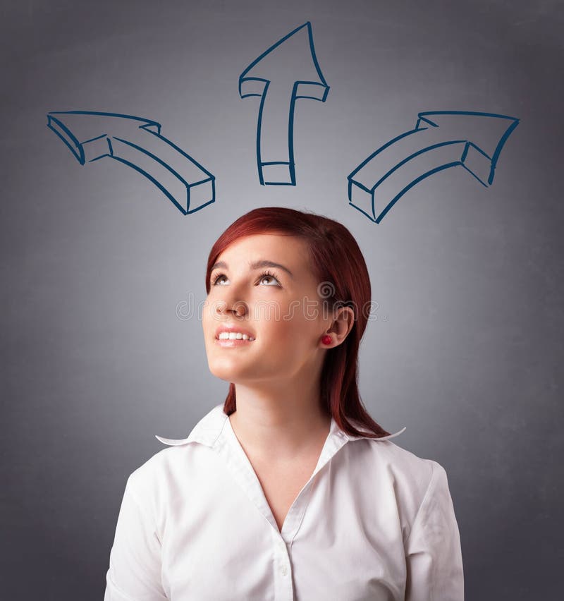 Pretty Lady Thinking with Arrows Overhead Stock Photo - Image of ...