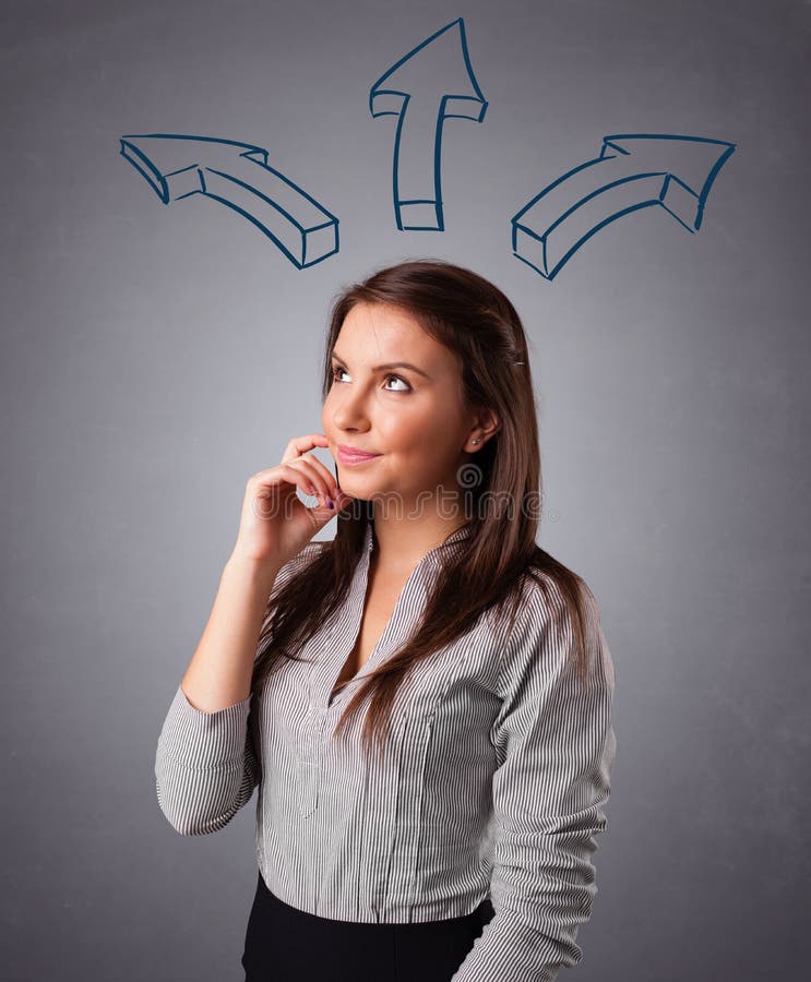 Pretty Lady Thinking with Arrows Overhead Stock Image - Image of ...