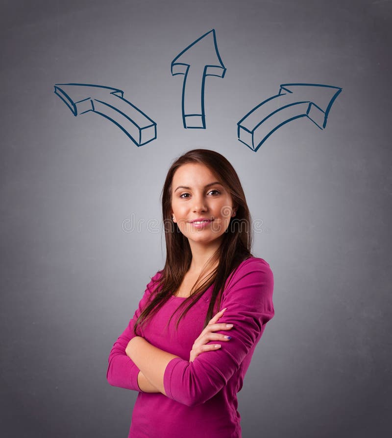 Pretty Lady Thinking with Arrows Overhead Stock Image - Image of ...