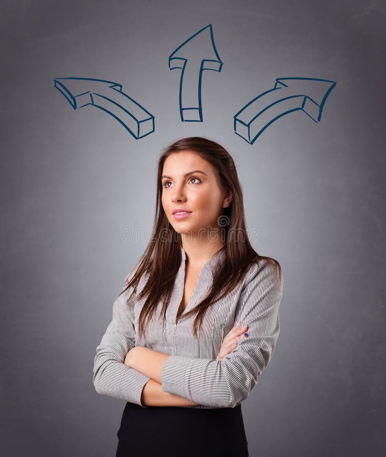 Pretty Lady Thinking with Arrows Overhead Stock Image - Image of ...