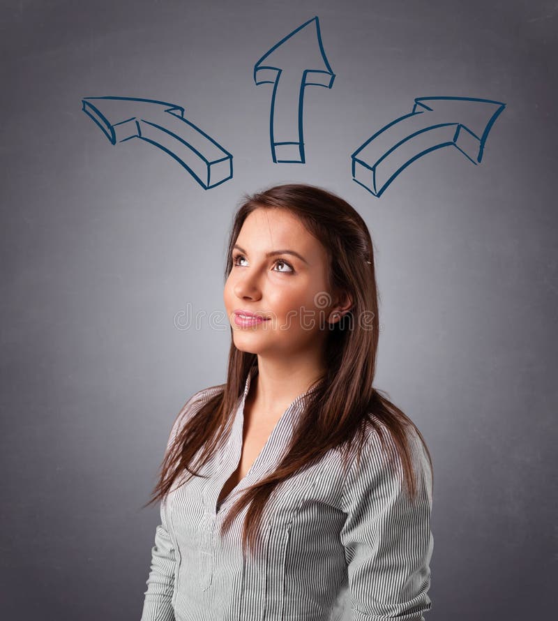 Pretty Lady Thinking with Arrows Overhead Stock Image - Image of cute ...