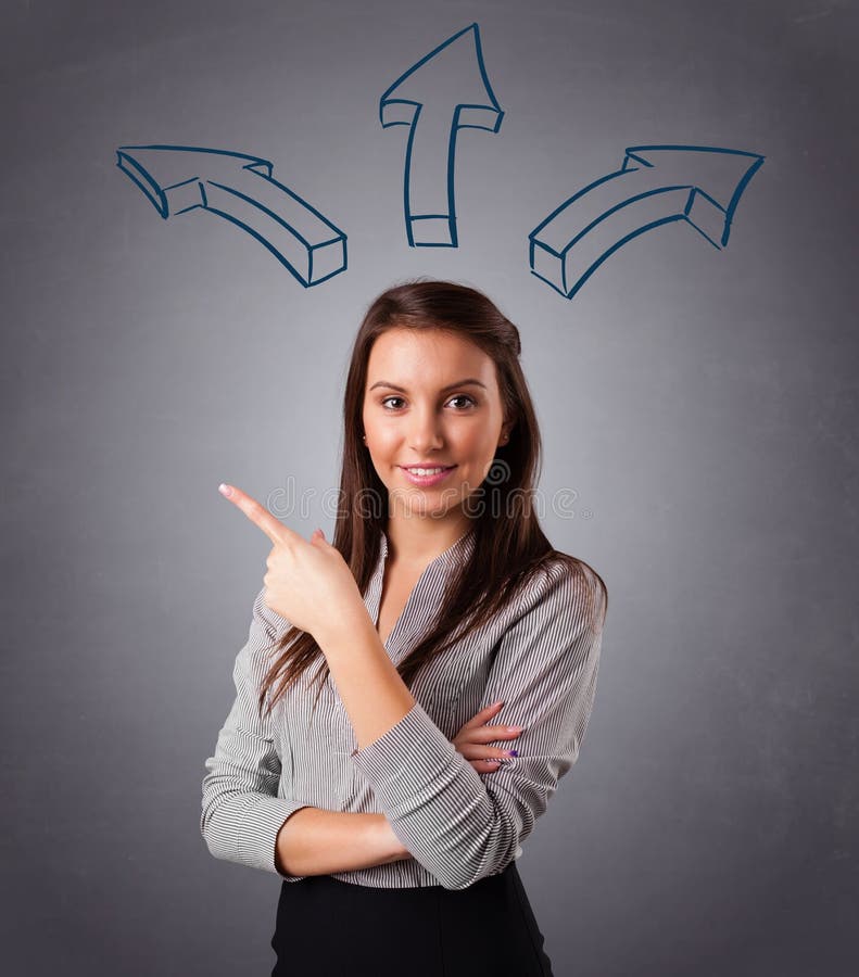 Pretty Lady Thinking with Arrows Overhead Stock Image - Image of icon ...