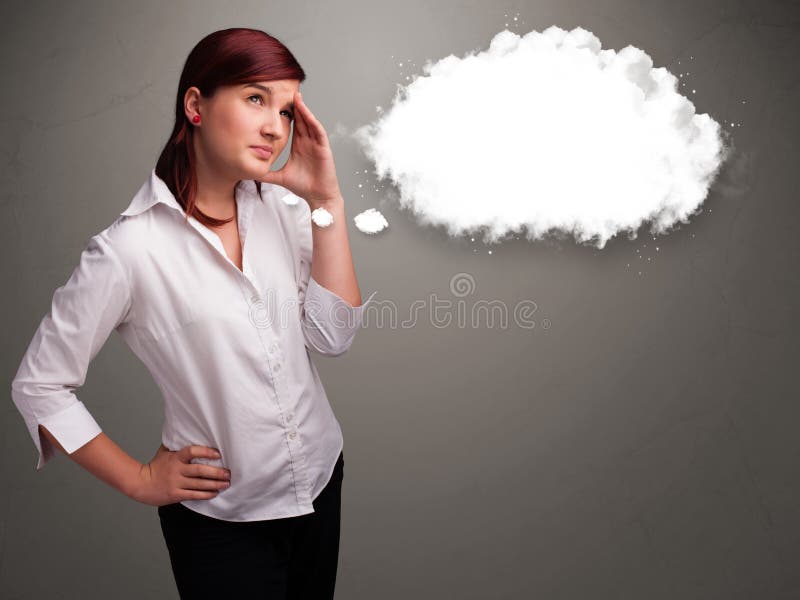 Pretty Lady Thinking about Cloud Speech or Thought Bubble with C Stock ...