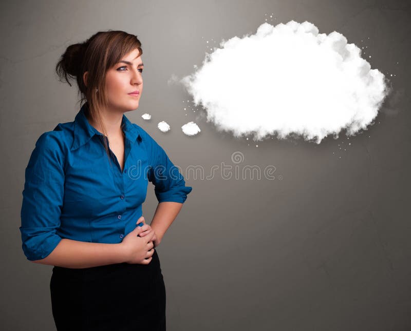 Pretty Lady Thinking about Cloud Speech or Thought Bubble with C Stock ...