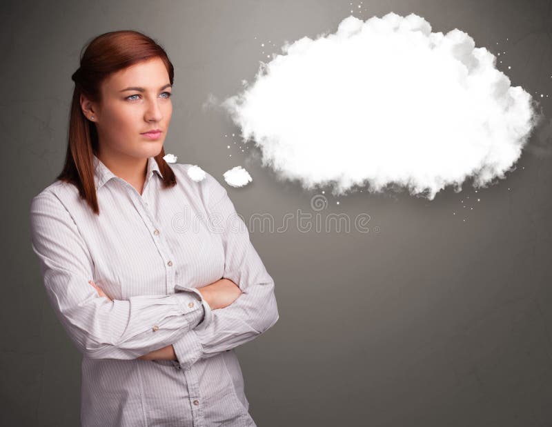 Pretty Lady Thinking about Cloud Speech or Thought Bubble with C Stock ...