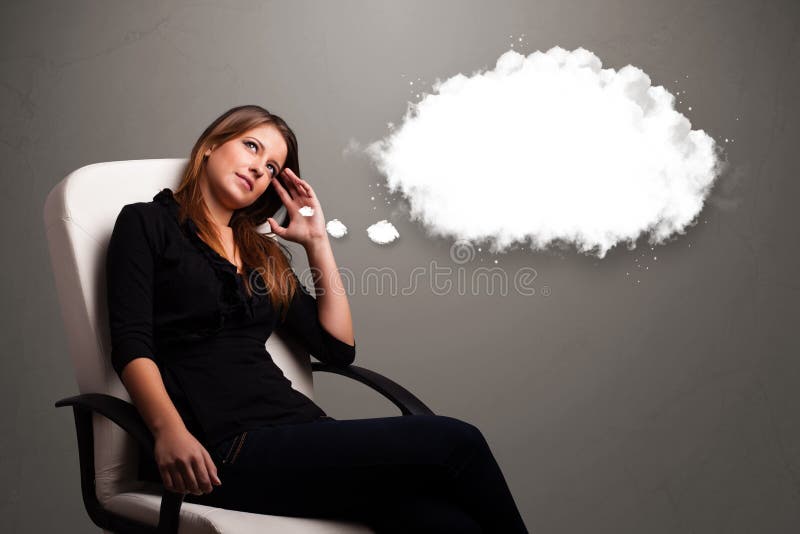 Pretty Lady Thinking about Cloud Speech or Thought Bubble with C Stock ...