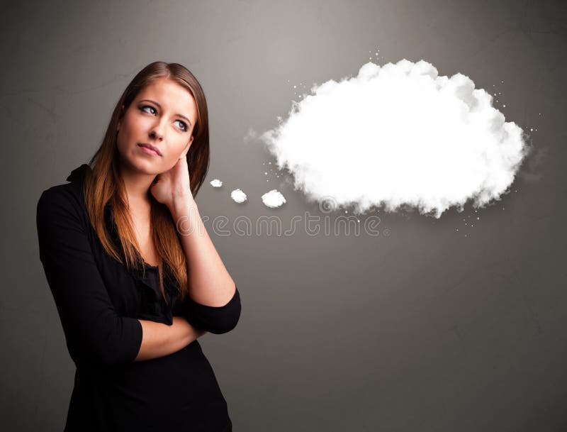 Pretty Lady Thinking about Cloud Speech or Thought Bubble with C Stock ...