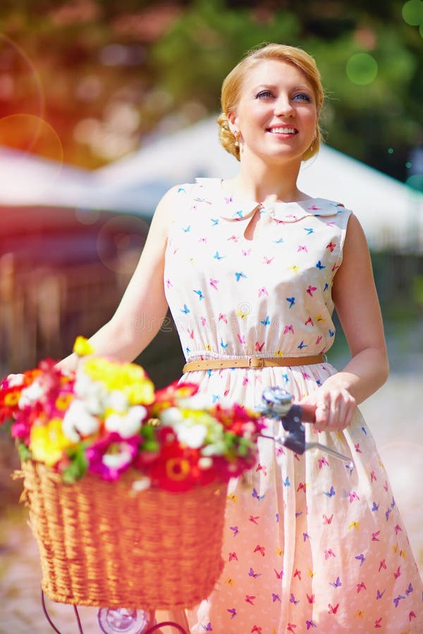 Pretty Lady Waking the Street with Bicycle Stock Image - Image of life ...