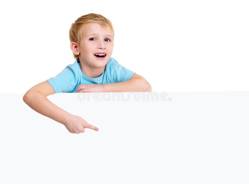 Little Boy Pointing on the Blank Poster Stock Photo - Image of isolated ...