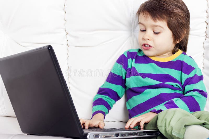 Pretty Little Boy Working on Computer Stock Image - Image of white ...