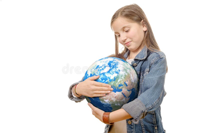 Pretty Little Girl Holding the Planet Earth Stock Image - Image of ...