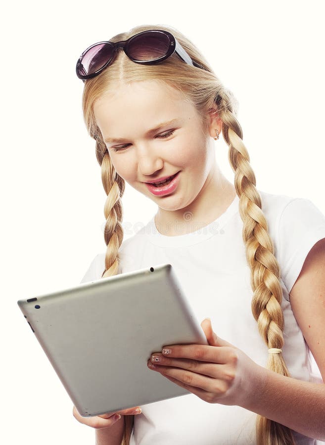 Pretty Little Girl with a Tablet PC Stock Photo - Image of caucasian ...
