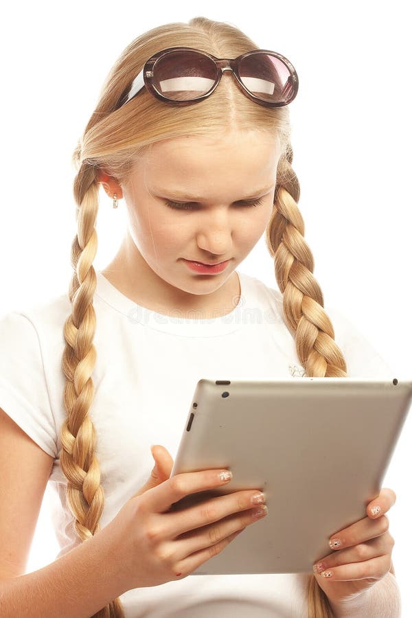 Pretty Little Girl with a Tablet PC Stock Image - Image of information ...