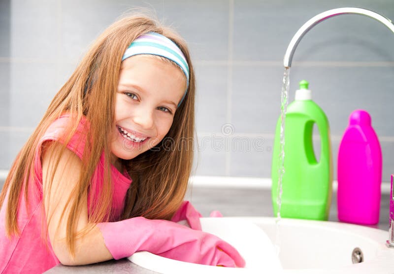 Little Girl Washing the Dishes Stock Photo - Image of little, rinse ...