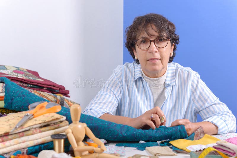 Mature Brunette Woman Sewing Patchwork Stock Image - Image of occupied ...
