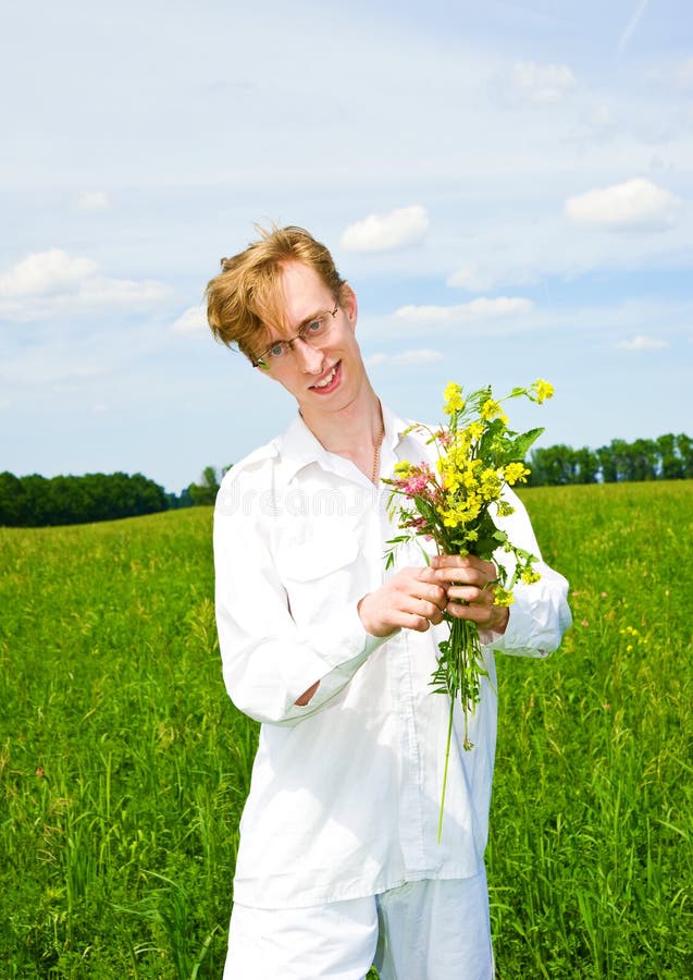 Pretty Men with Bouquet of Flowers Stock Photo - Image of cheerful ...