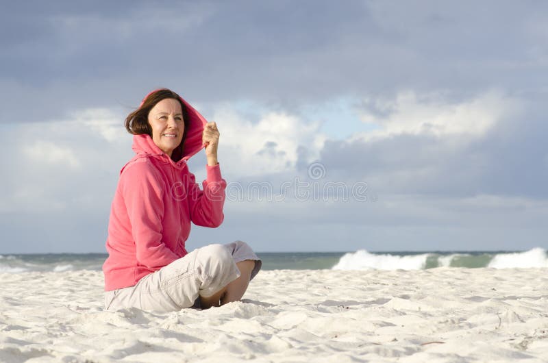 Pretty Middle Aged Woman Windy Weather at Ocean Stock Image - Image of ...