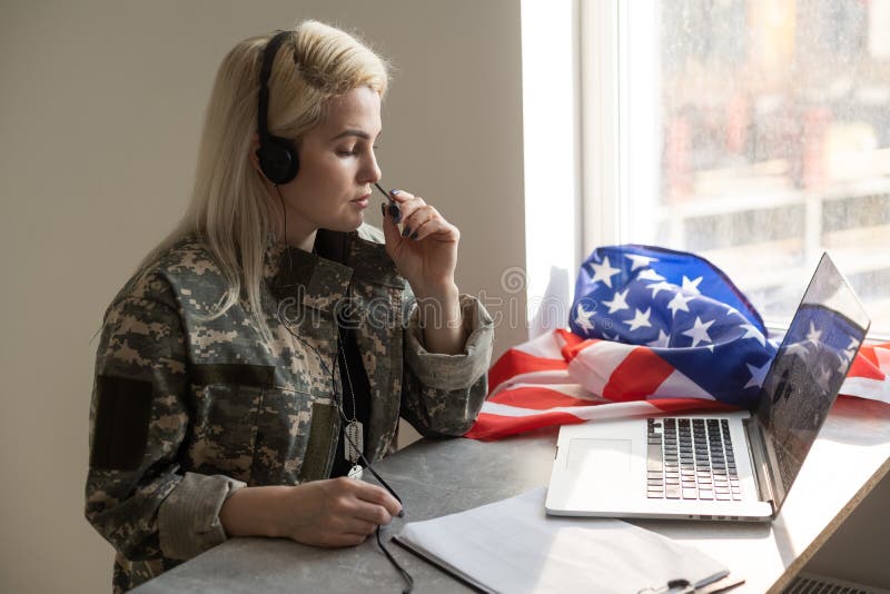 Pretty Military Woman Making a Video Call Stock Image - Image of flag ...