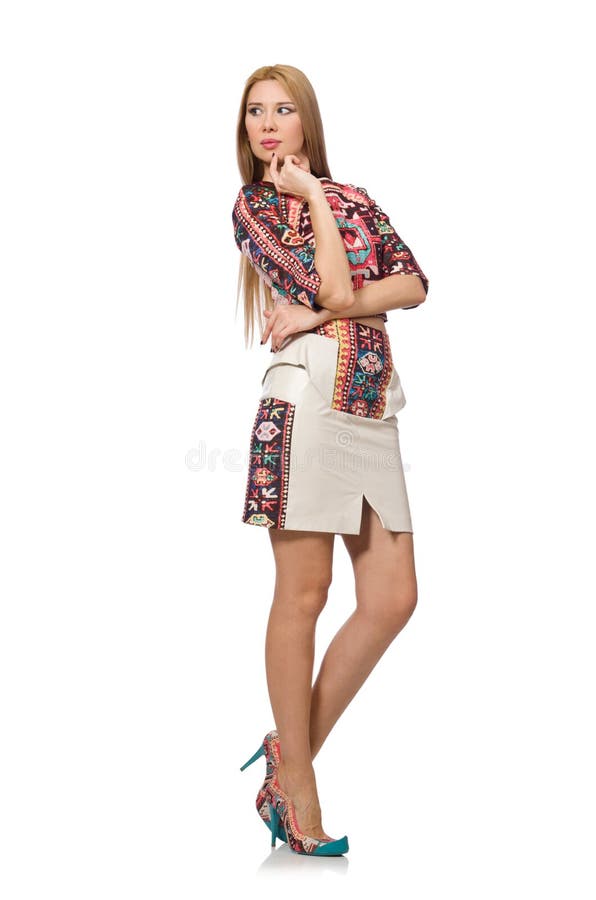 Pretty Model in Clothes with Carpet Prints Isolated on White Stock ...