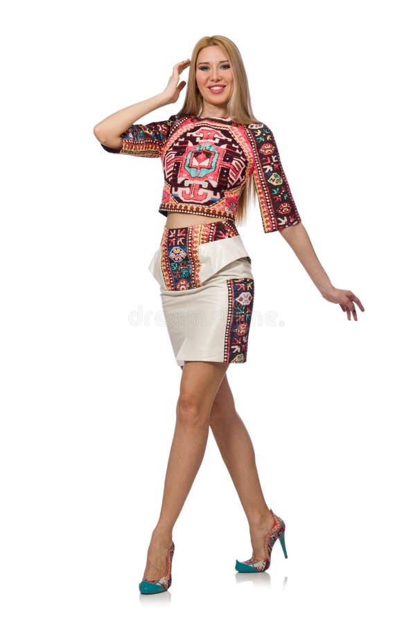 The Pretty Model in Clothes with Carpet Prints on White Stock Photo ...