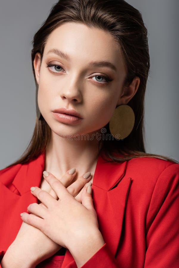 Pretty Model in Red Blazer Looking Stock Image - Image of visage, gray ...