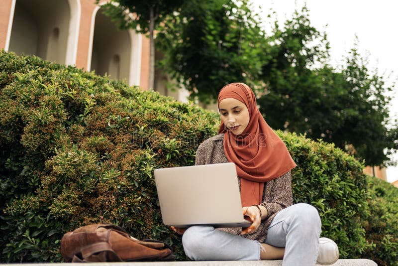 Young Muslim Woman Using Computer Stock Photo - Image of cool ...