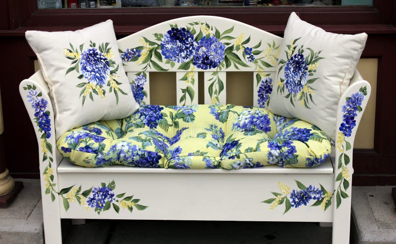 Pretty Painted Bench and Cushions Stock Image - Image of pretty ...
